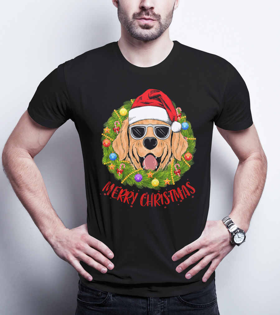 Merry Christmas Golden Retriever Dog Santa Hat Sunglasses Wreath T-Shirt
