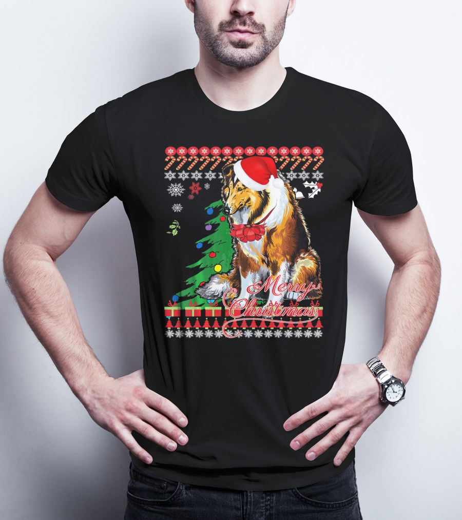 Merry Christmas Rough Collie Santa Hat Snowflakes Gifts Holiday T-Shirt