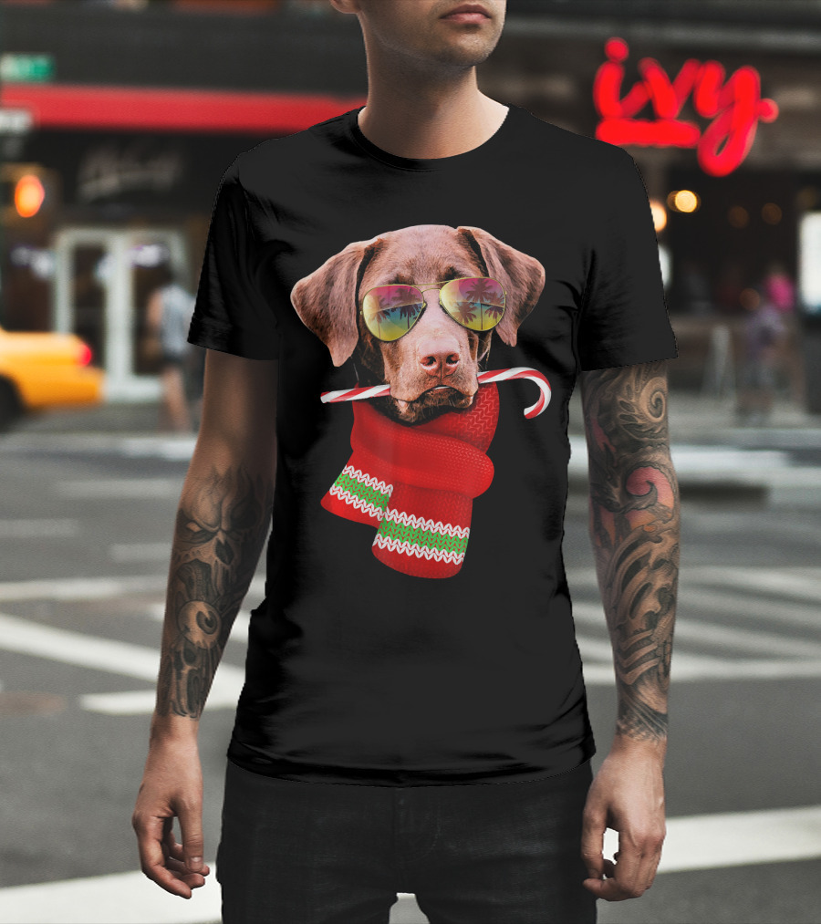 Christmas In July Labrador Sunglasses Candy Cane Scarf T-Shirt