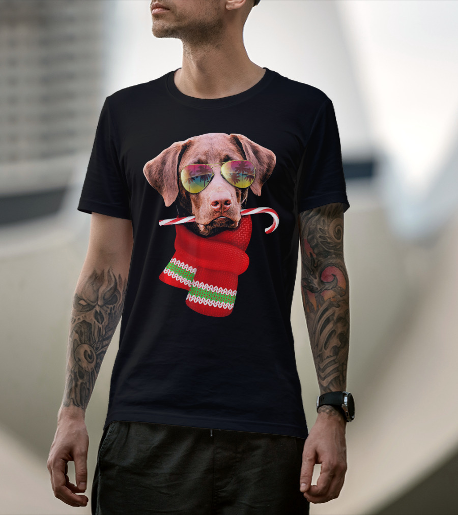 Christmas In July Labrador Sunglasses Candy Cane Scarf T-Shirt