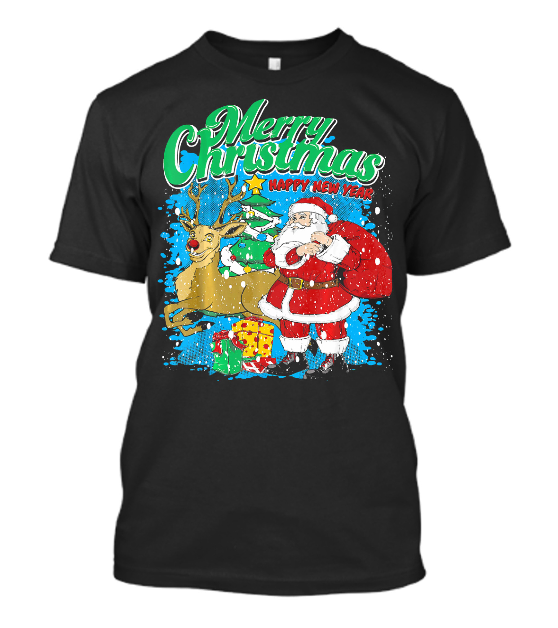 Merry Christmas Happy New Year Santa Claus Reindeer Presents T-Shirt