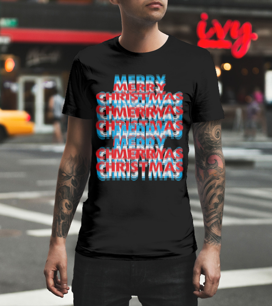 Merry Christmas Blurred Double Layered Text Effect T-Shirt