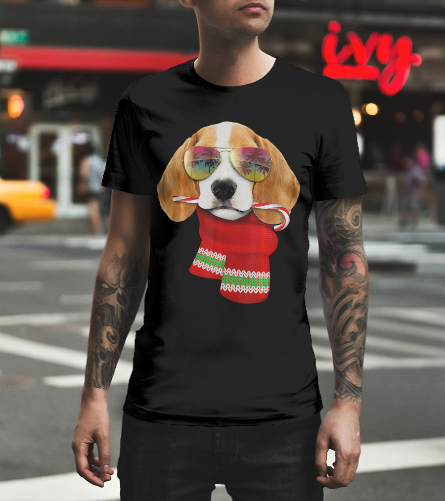 Christmas In July Beagle Sunglasses Candy Cane Scarf T-Shirt