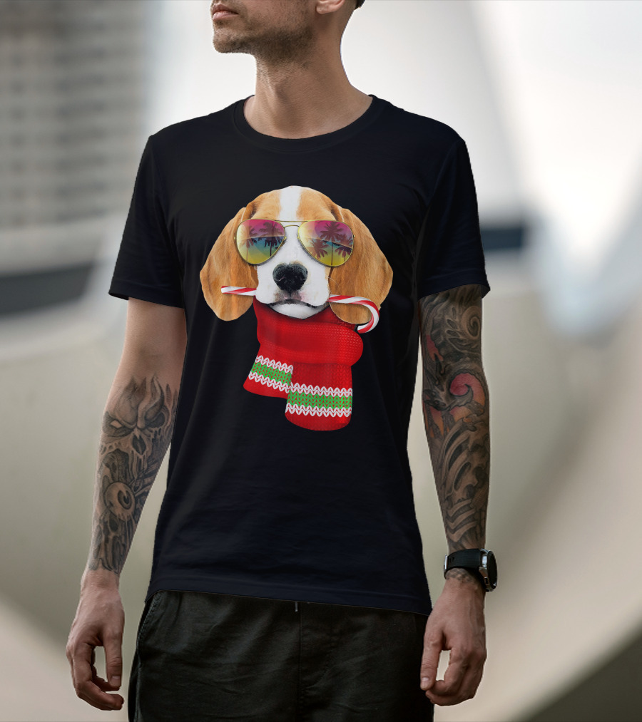 Christmas In July Beagle Sunglasses Candy Cane Scarf T-Shirt