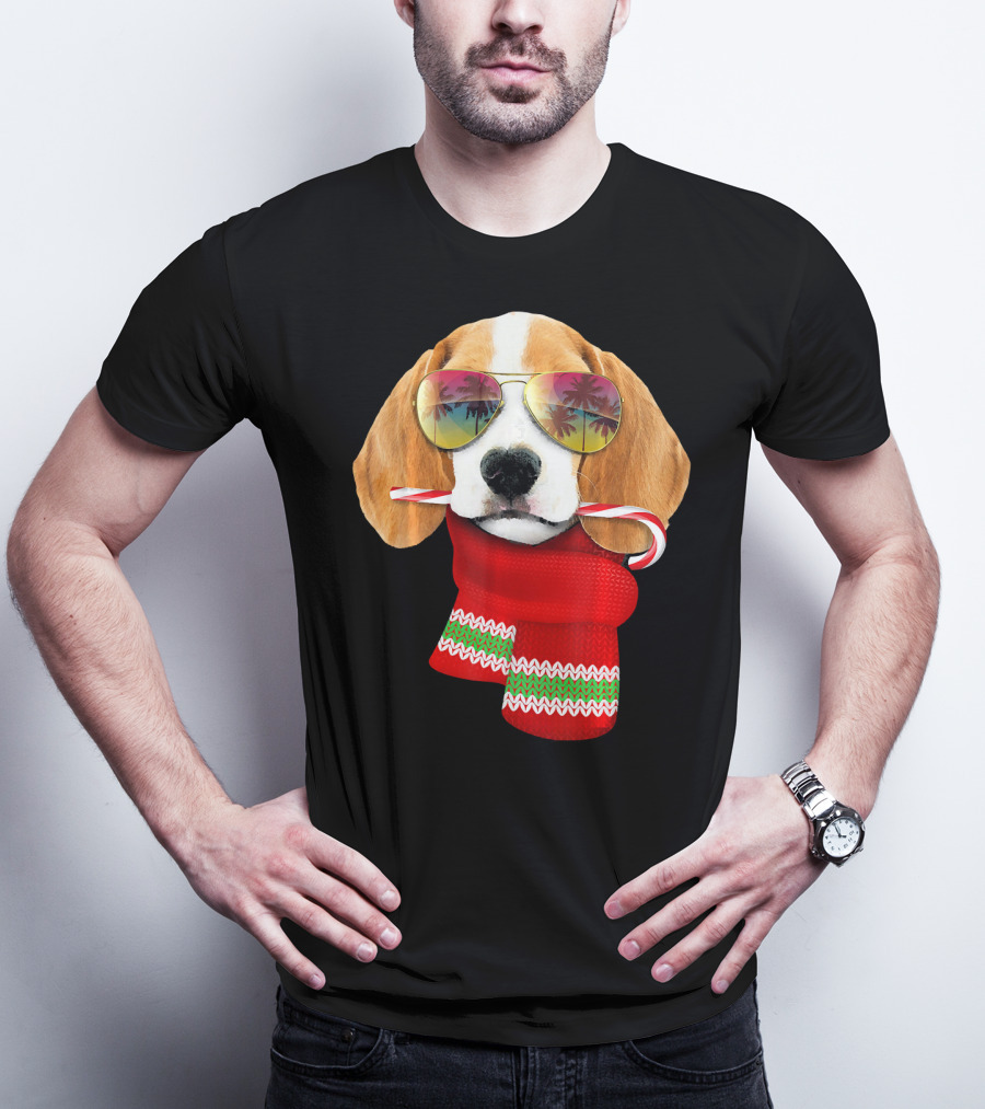Christmas In July Beagle Sunglasses Candy Cane Scarf T-Shirt