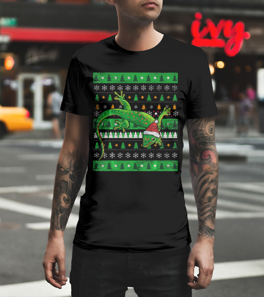 Ugly Christmas Lizard With Santa Hat And Holiday T-Shirt