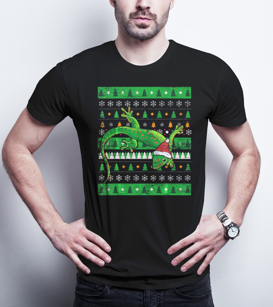 Ugly Christmas Lizard With Santa Hat And Holiday T-Shirt