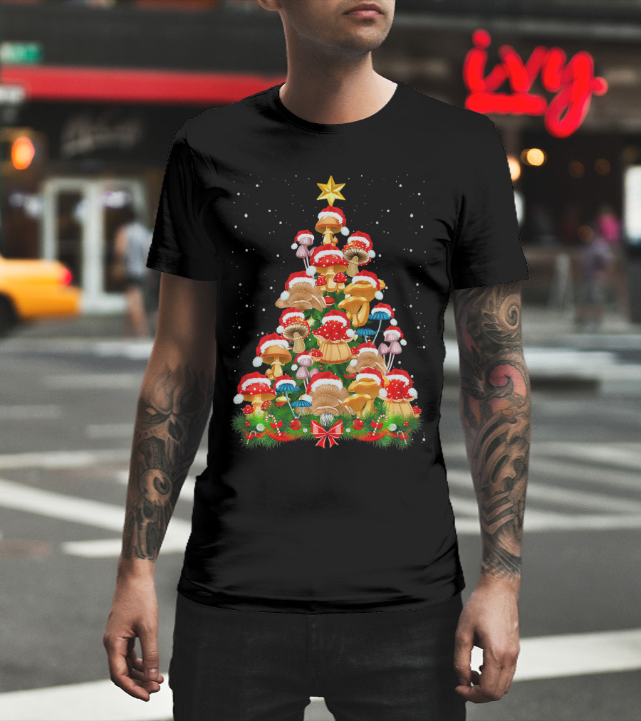 Mushroom Christmas Tree With Santa Hats And Snowflakes For Garden Lovers T-Shirt