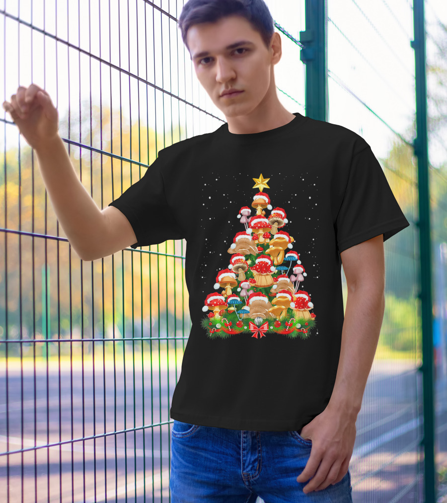 Mushroom Christmas Tree With Santa Hats And Snowflakes For Garden Lovers T-Shirt