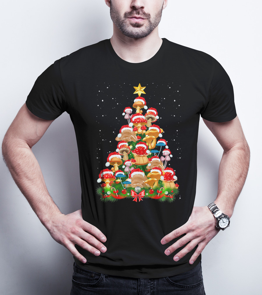 Mushroom Christmas Tree With Santa Hats And Snowflakes For Garden Lovers T-Shirt