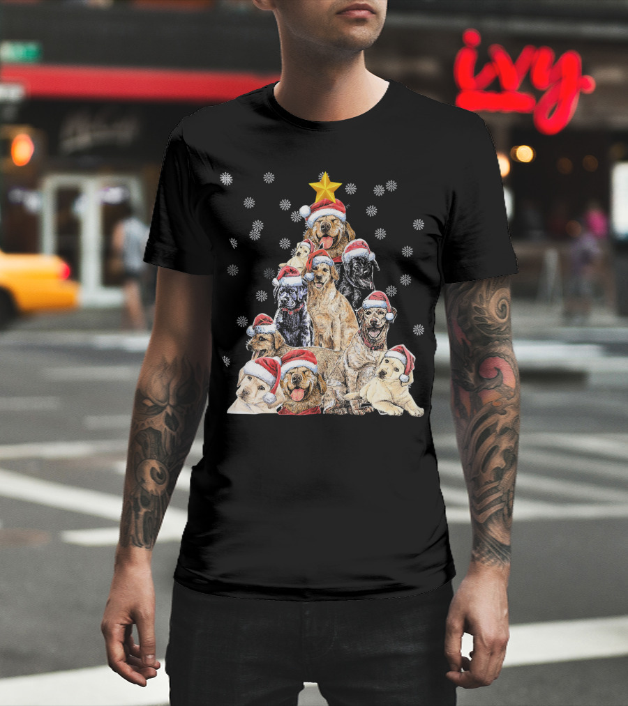 Labrador Puppies With Santa Hats Forming A Christmas Tree With Star And Snowflakes T-Shirt