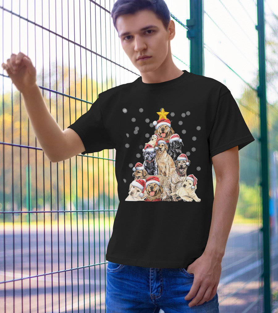 Labrador Puppies With Santa Hats Forming A Christmas Tree With Star And Snowflakes T-Shirt