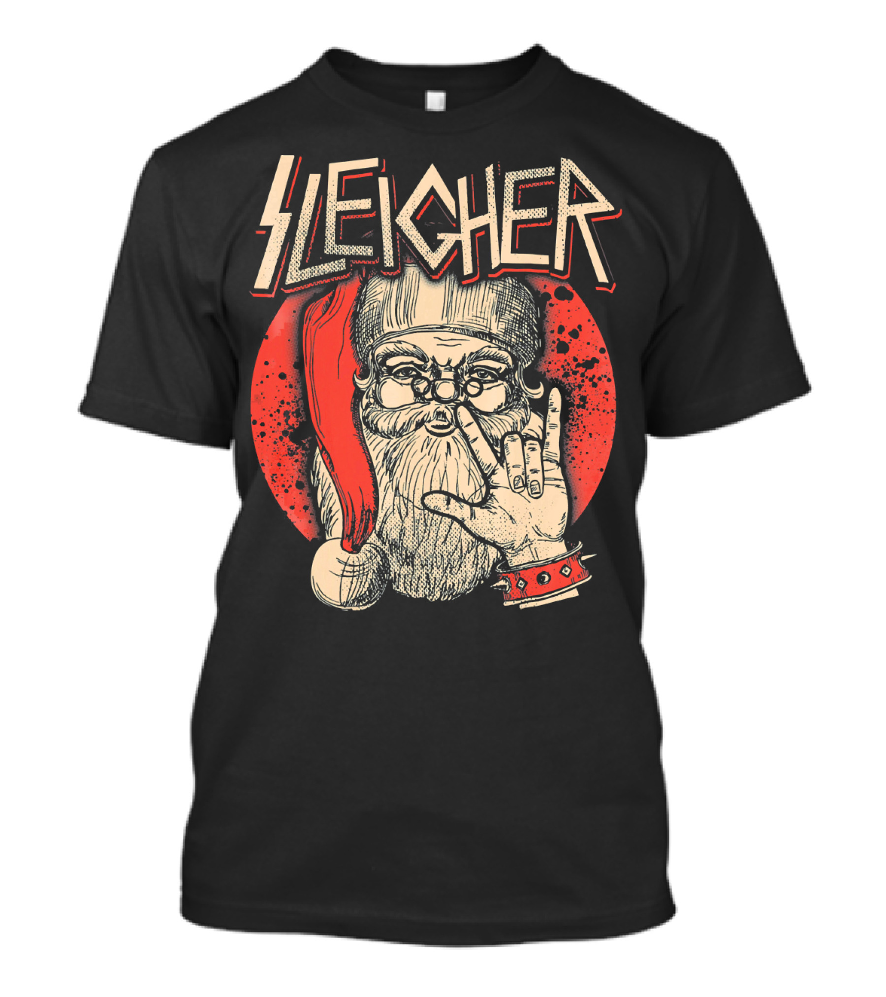 SLEIGHER Heavy Metal Music Santa Circle Red Santa Hat Hand Gesture T-Shirt