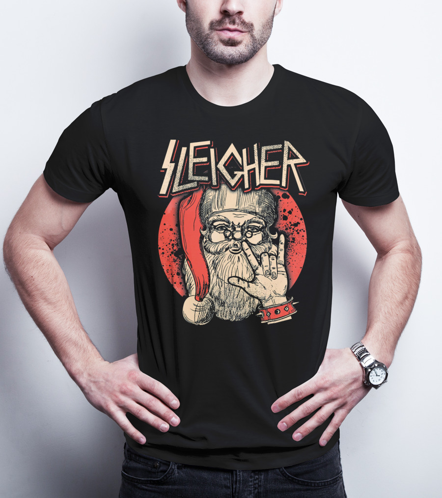 SLEIGHER Heavy Metal Music Santa Circle Red Santa Hat Hand Gesture T-Shirt
