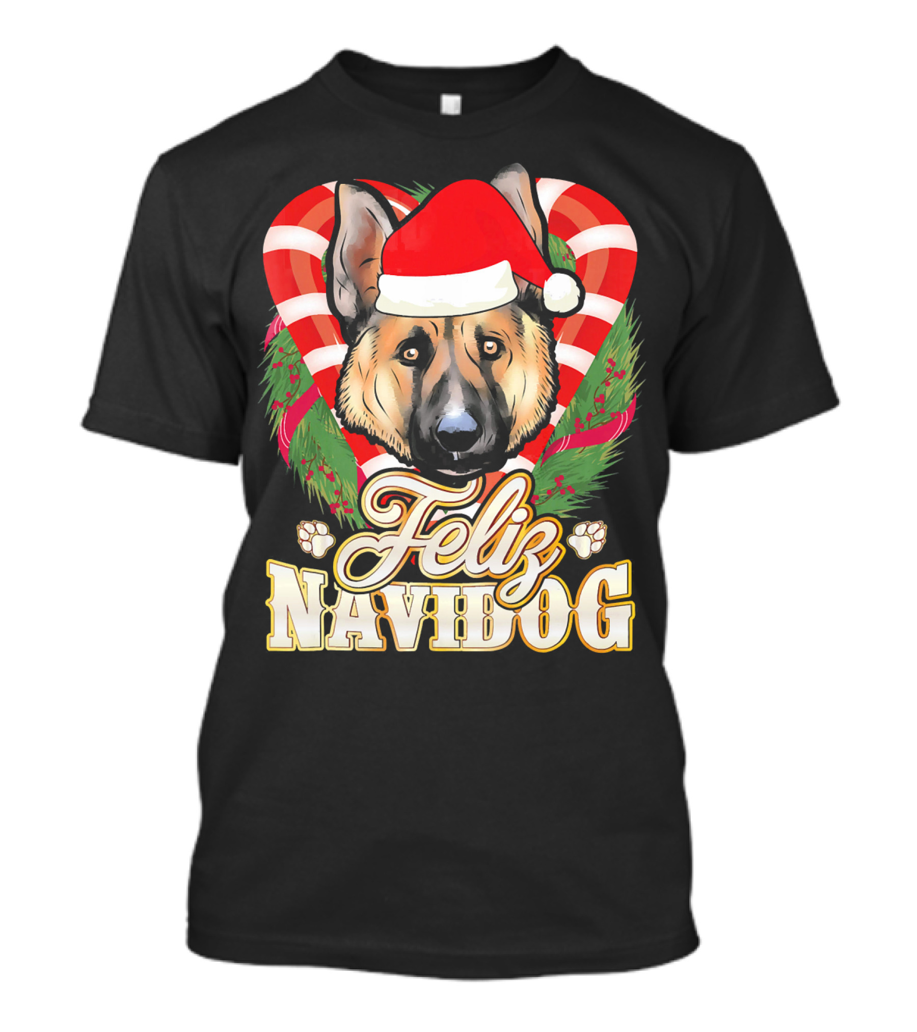 Feliz Navidog German Shepherd Santa Hat Christmas Wreath T-Shirt