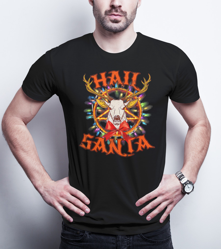Hail Santa Christmas Reindeer With Pentagram And Lights T-Shirt