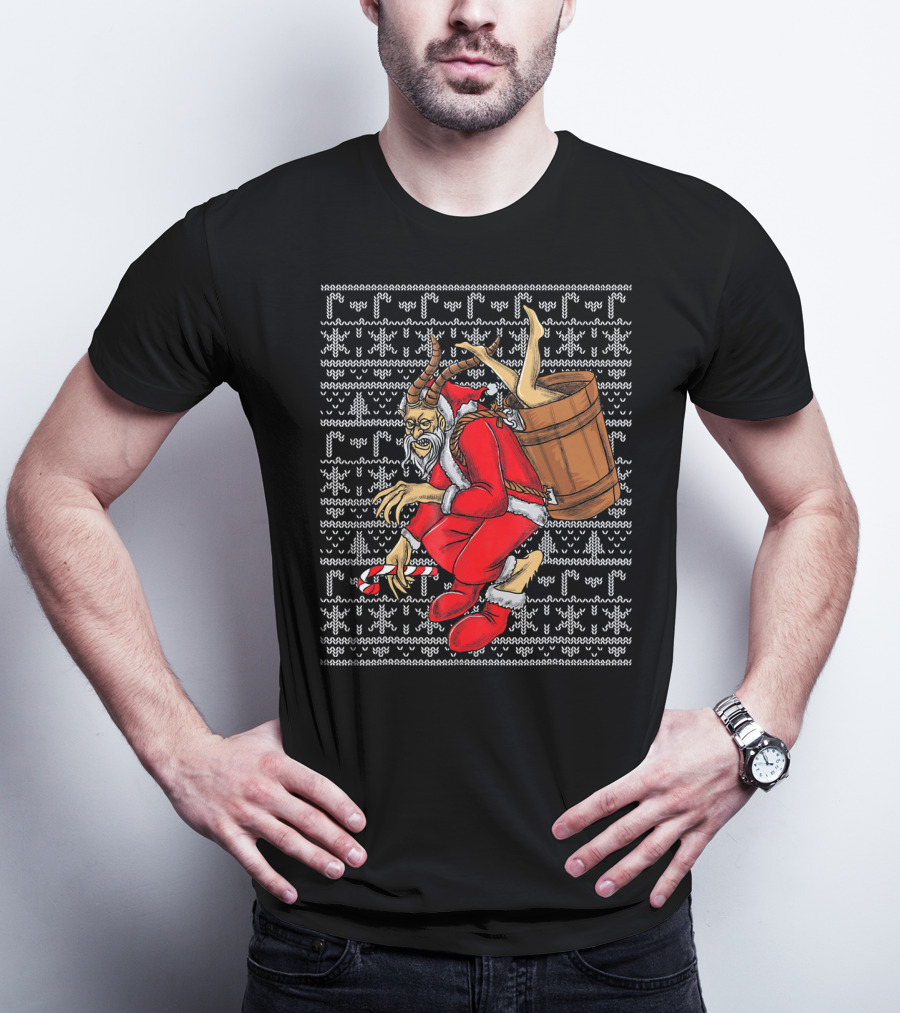 Krampus Ugly Christmas Sweater-Style Santa With Barrel And Candy Cane T-Shirt