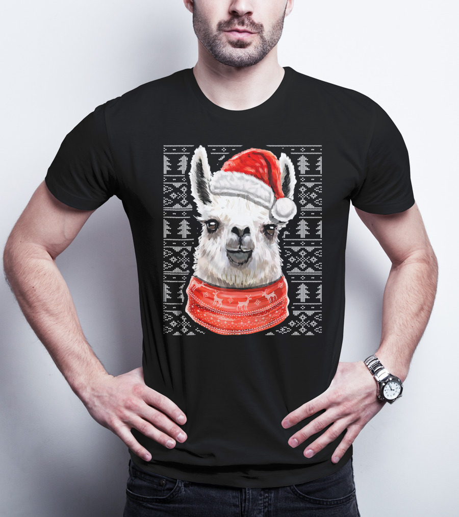 Ugly Christmas Llama Sweater With Santa Hat Festive T-Shirt