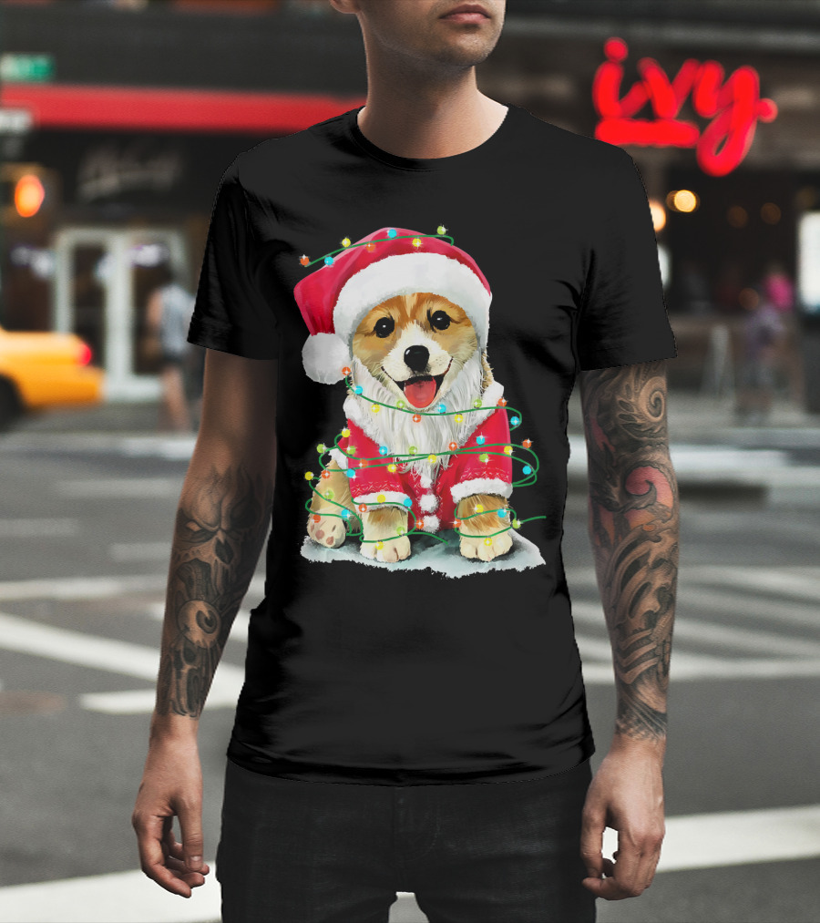 Festive Christmas Corgi Santa With Holiday Lights Corgmas San T-Shirt