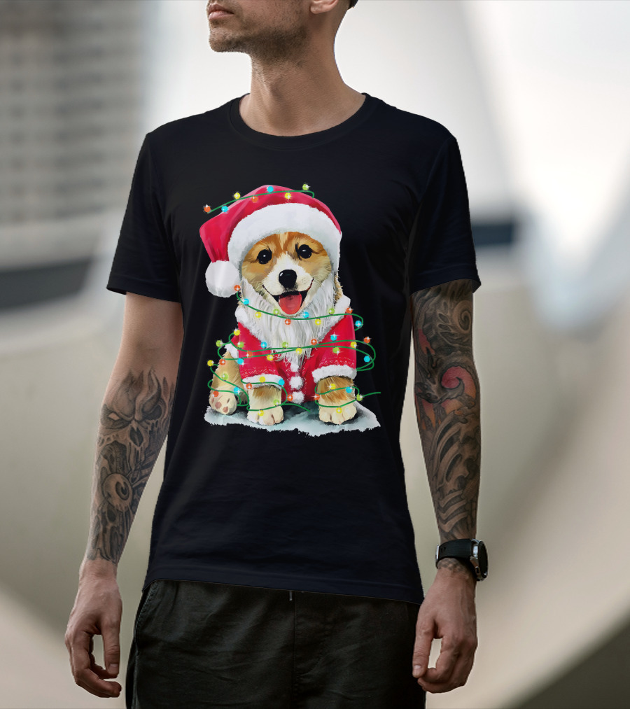 Festive Christmas Corgi Santa With Holiday Lights Corgmas San T-Shirt