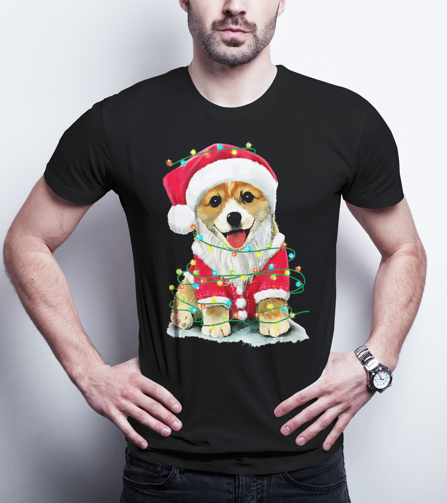 Festive Christmas Corgi Santa With Holiday Lights Corgmas San T-Shirt