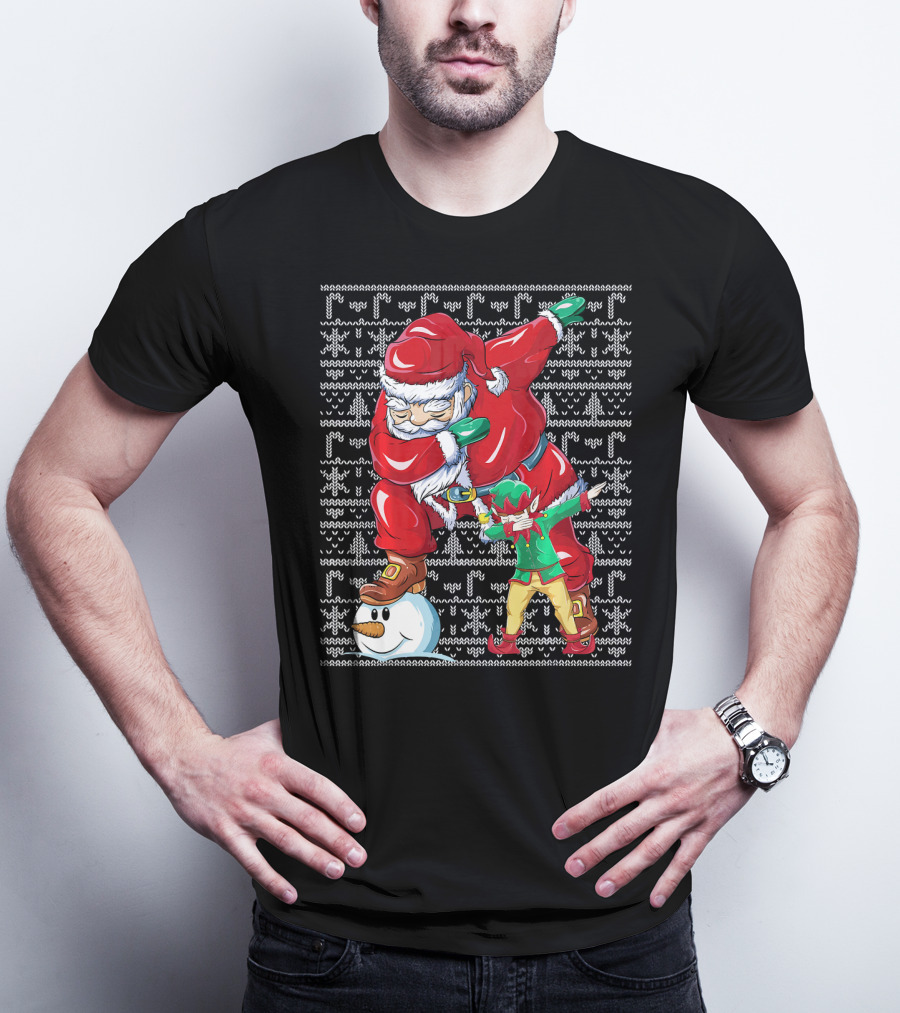 Christmas Dabbing Santa Elf With Snowman Head T-Shirt