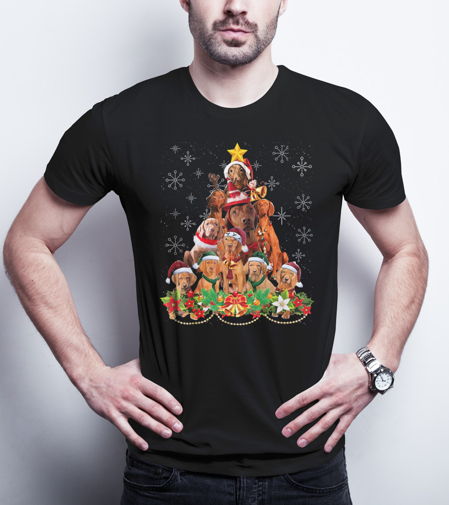Vizsla Christmas Tree With Dogs Santa Hats Snowflakes And Holly T-Shirt