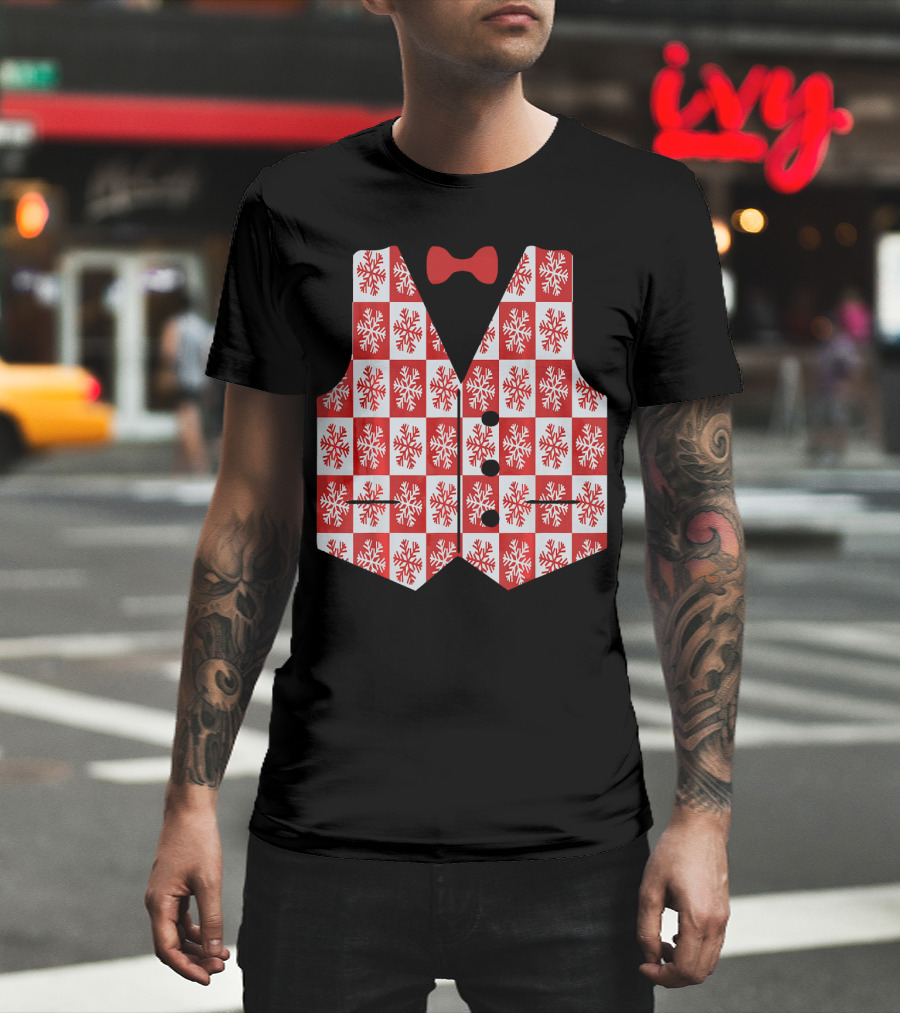 Red And White Snowflake Vest With Bow Tie T-Shirt