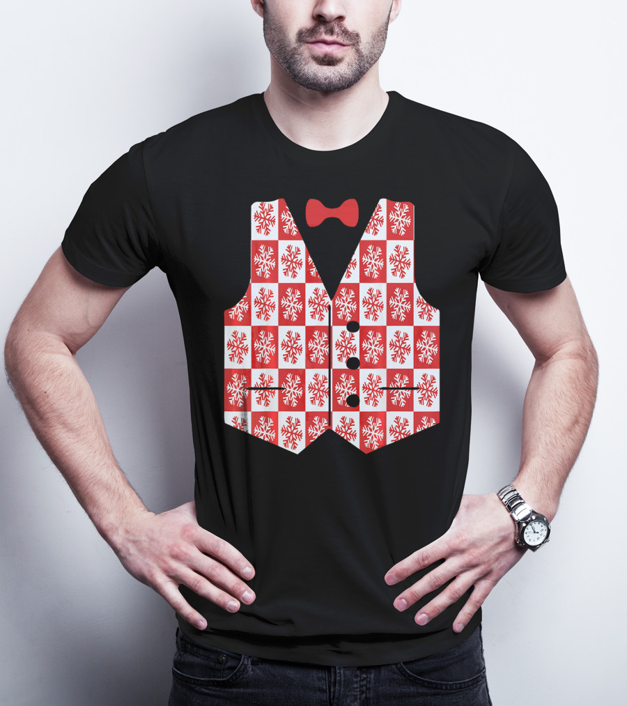 Red And White Snowflake Vest With Bow Tie T-Shirt