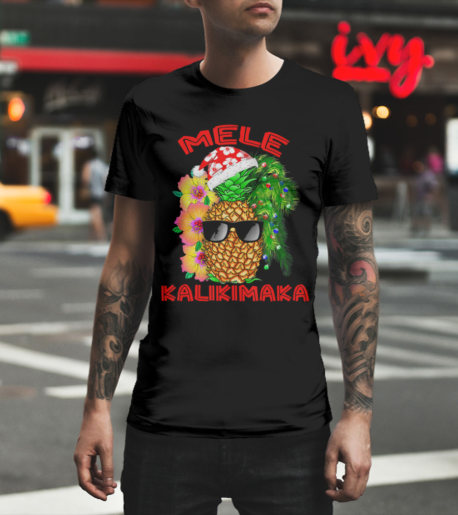 Mele Kalikimaka Hawaiian Christmas Pineapple Santa Hat Sunglasses Flowers T-Shirt