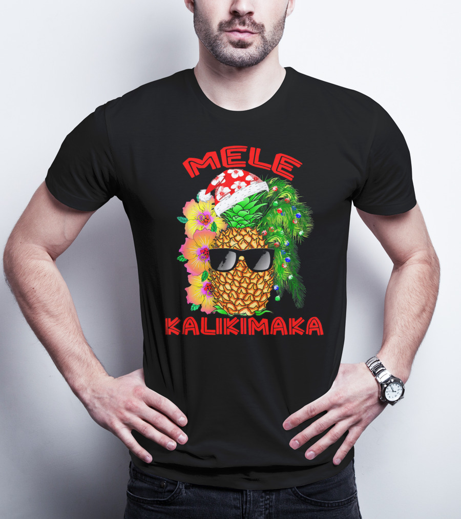 Mele Kalikimaka Hawaiian Christmas Pineapple Santa Hat Sunglasses Flowers T-Shirt