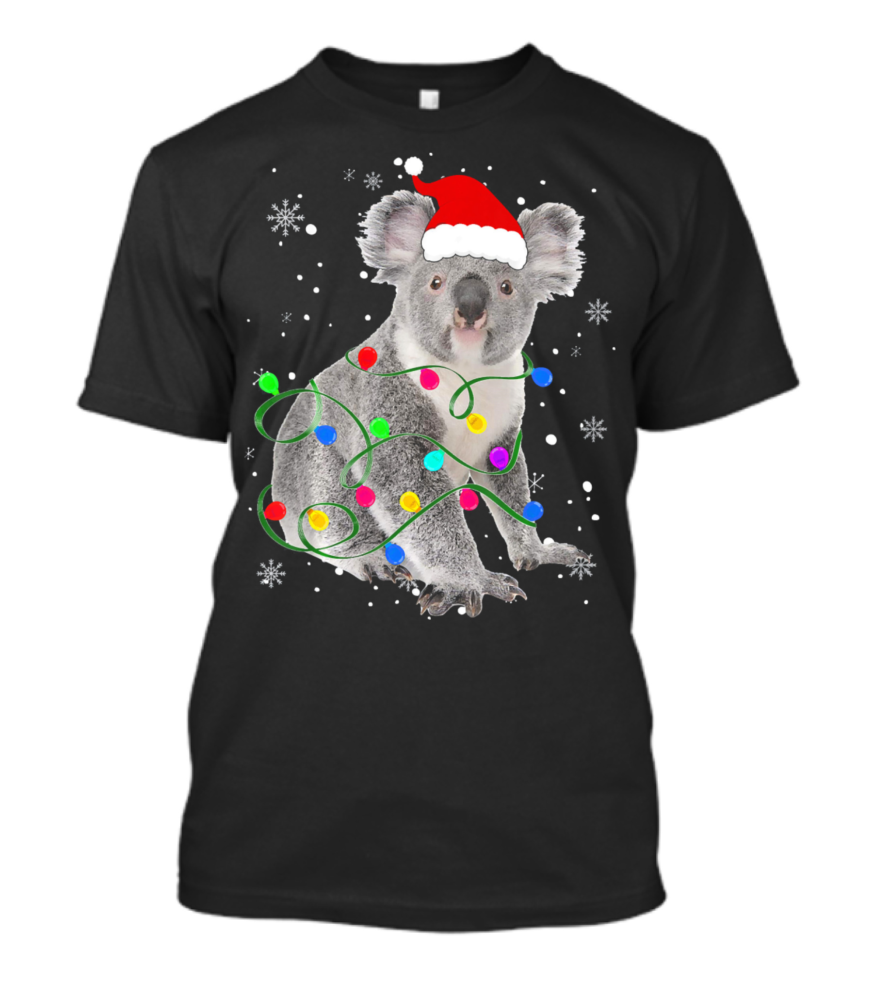 Koala Wrapped In Christmas Lights Wearing Santa Hat With Snowflakes Matching Fam T-Shirt