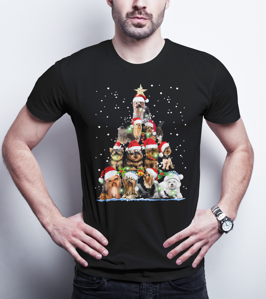 Yorkie Christmas Tree Santa Hats Dogs Snowflakes T-Shirt