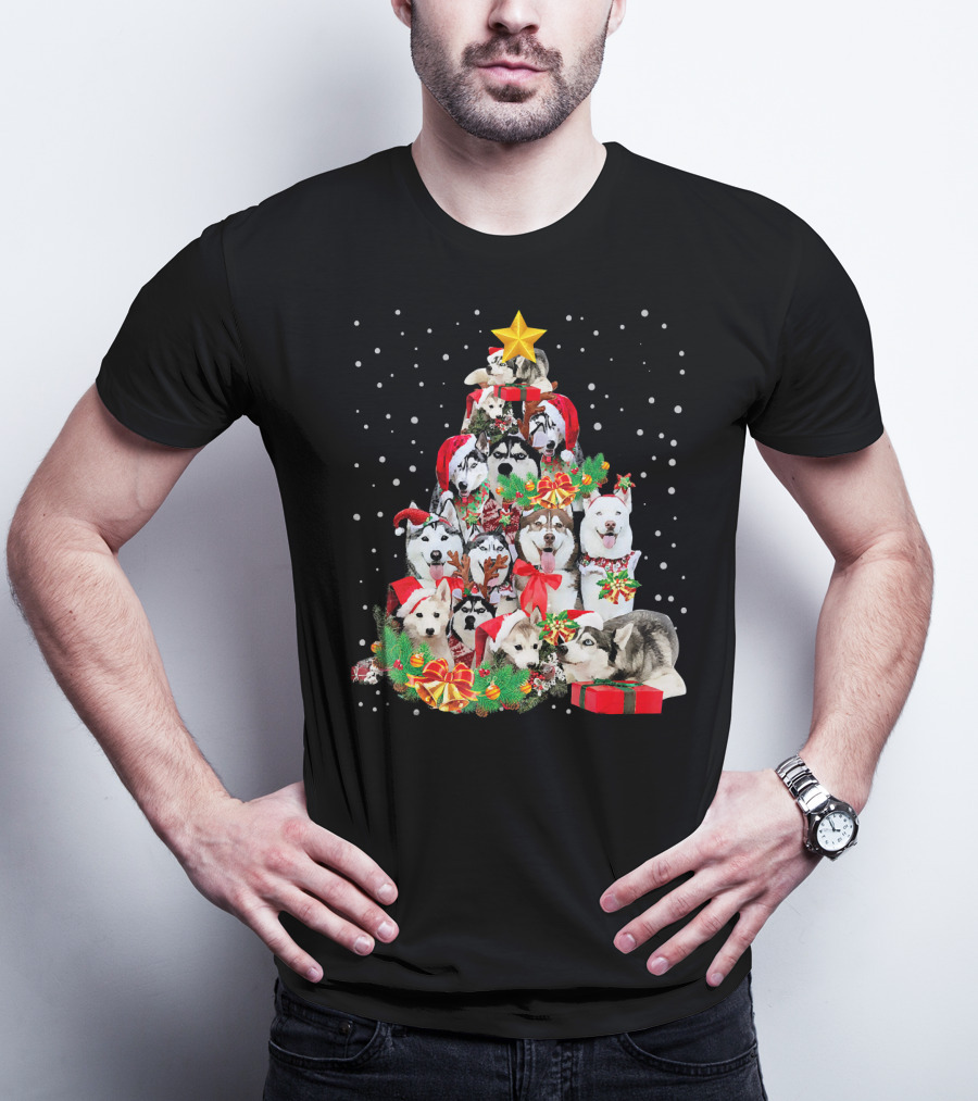 Siberian Husky Christmas Tree Festive Holiday Dogs With Gifts And Star T-Shirt