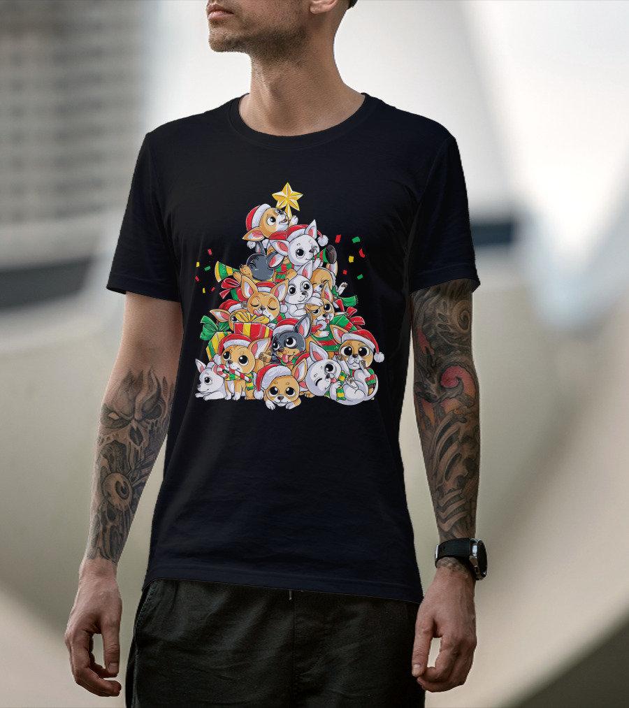 Chihuahua Christmas Tree Festive Dogs With Santa Hats And Presents T-Shirt