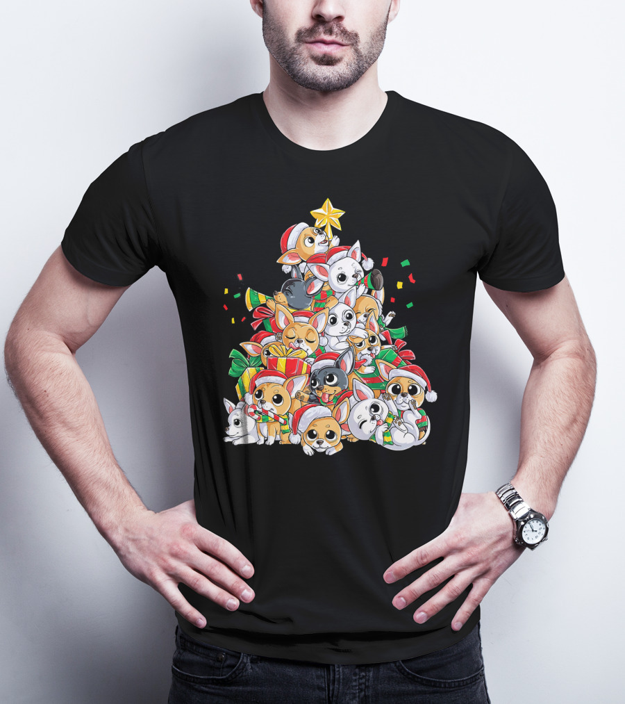 Chihuahua Christmas Tree Festive Dogs With Santa Hats And Presents T-Shirt