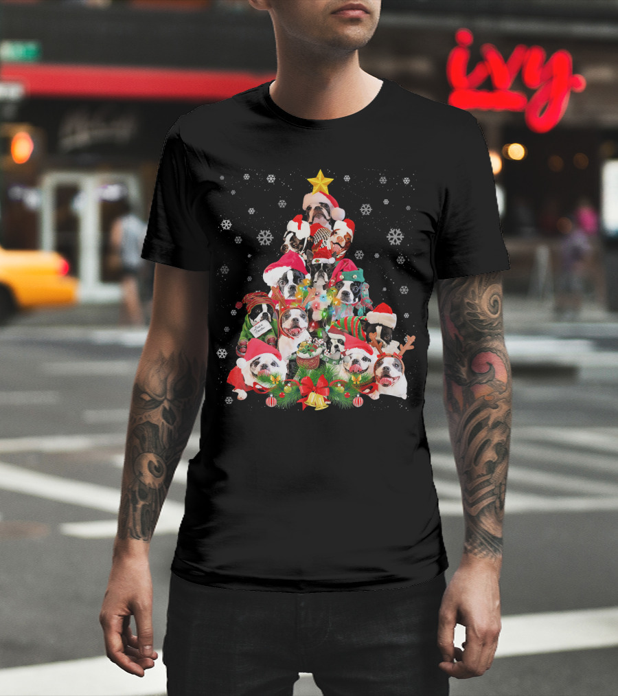 Boston Terriers Christmas Tree Snowflakes And Santa Hats T-Shirt