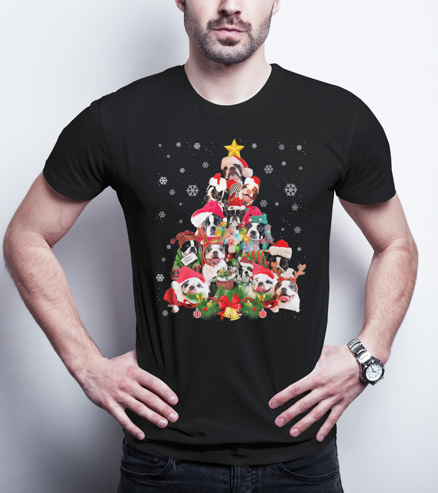 Boston Terriers Christmas Tree Snowflakes And Santa Hats T-Shirt