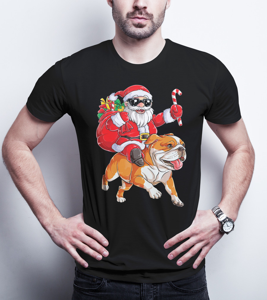 Santa Riding English Bulldog Christmas College Holiday T-Shirt