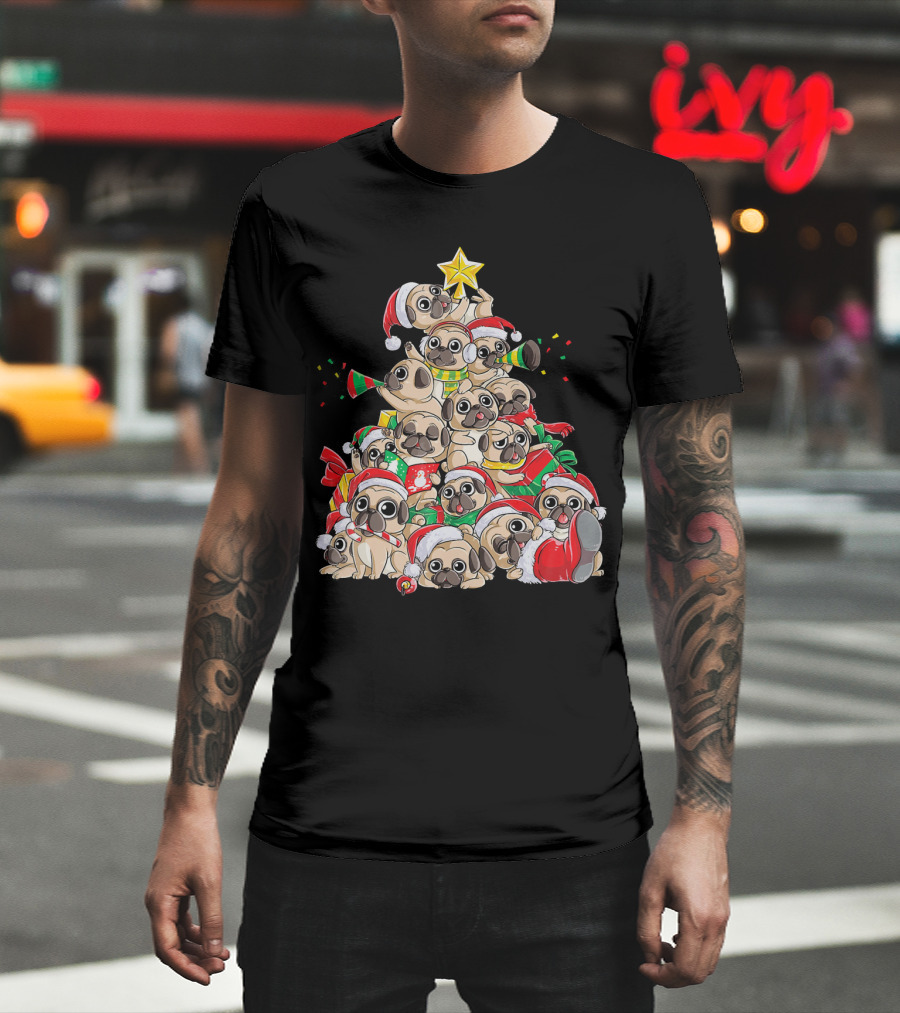 Merry Pugmas Christmas Tree With Pugs In Santa Hats T-Shirt