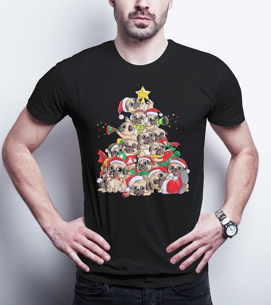 Merry Pugmas Christmas Tree With Pugs In Santa Hats T-Shirt
