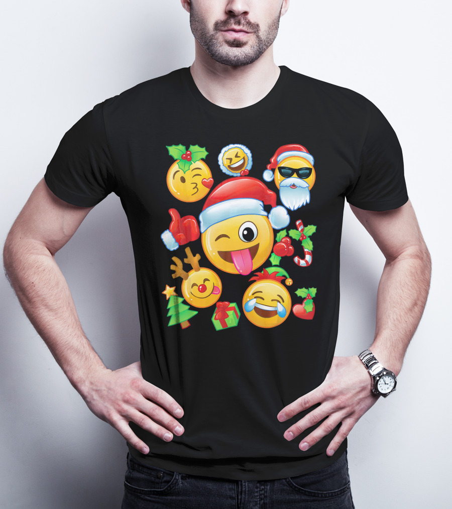 Santa Emoji Christmas Fun With Reindeer Candy Cane Gifts And Holly T-Shirt