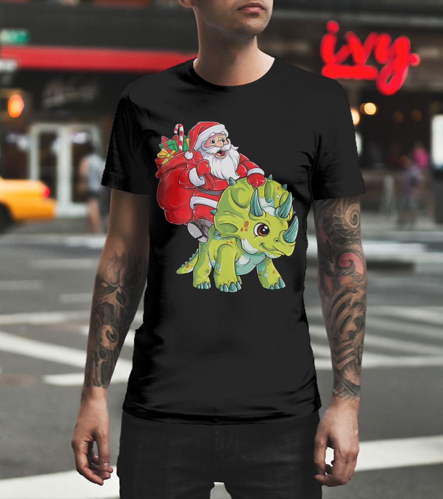 Santa Riding Triceratops Dinosaur Christmas Boys Santa Tric T-Shirt