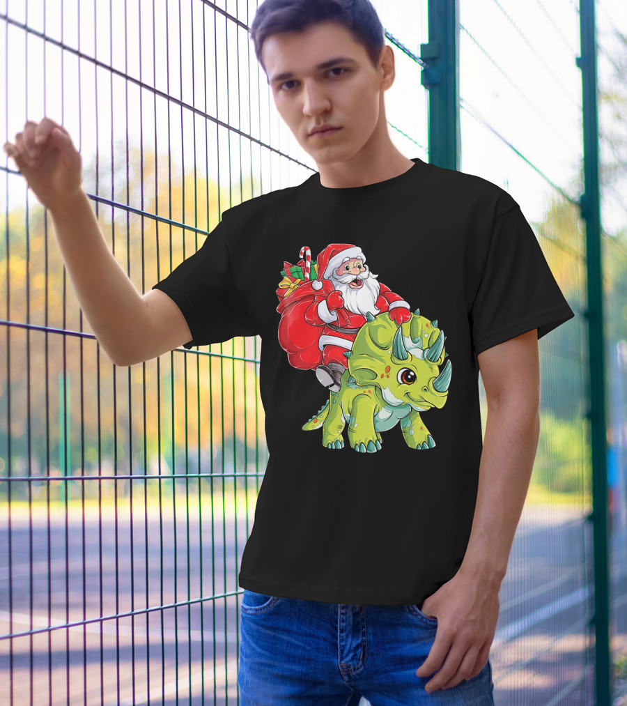 Santa Riding Triceratops Dinosaur Christmas Boys Santa Tric T-Shirt