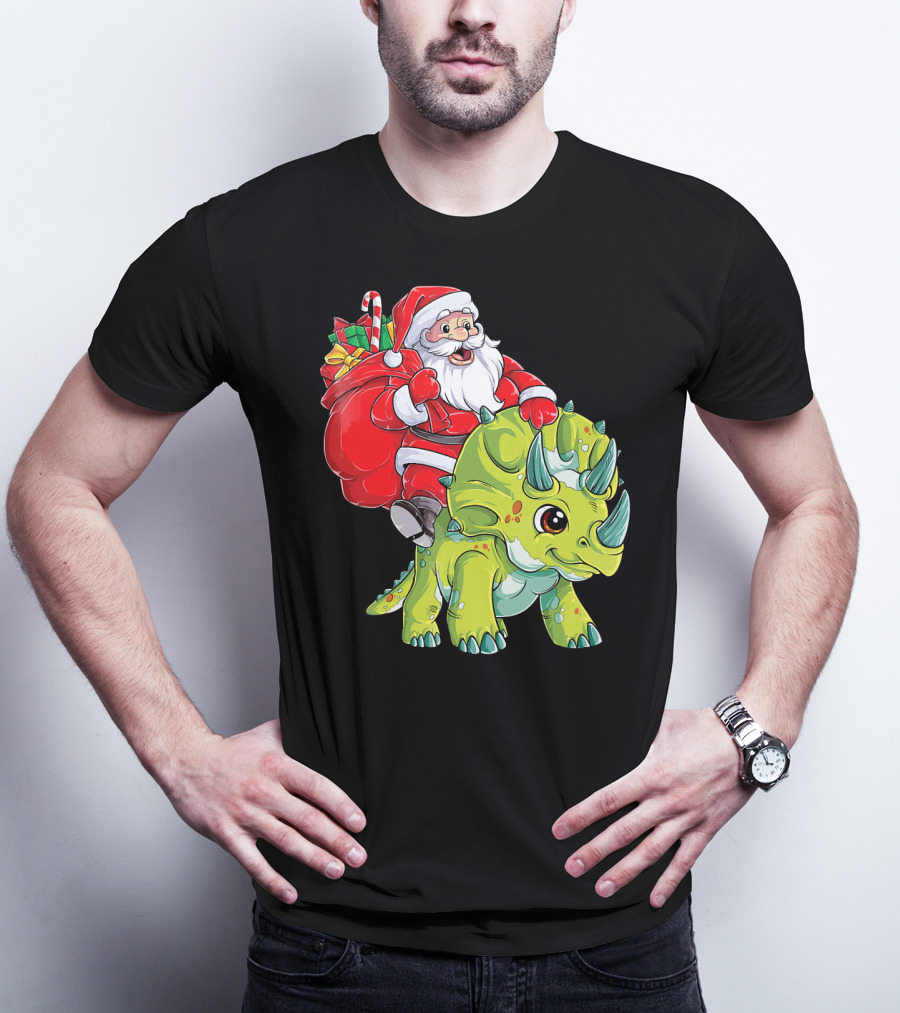 Santa Riding Triceratops Dinosaur Christmas Boys Santa Tric T-Shirt
