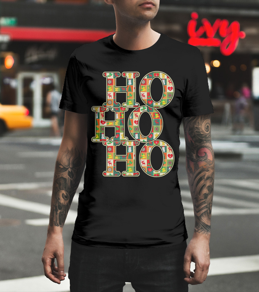 HoHoHo Funny Christmas Santa Patchwork Reindeer Snowman Ornaments T-Shirt