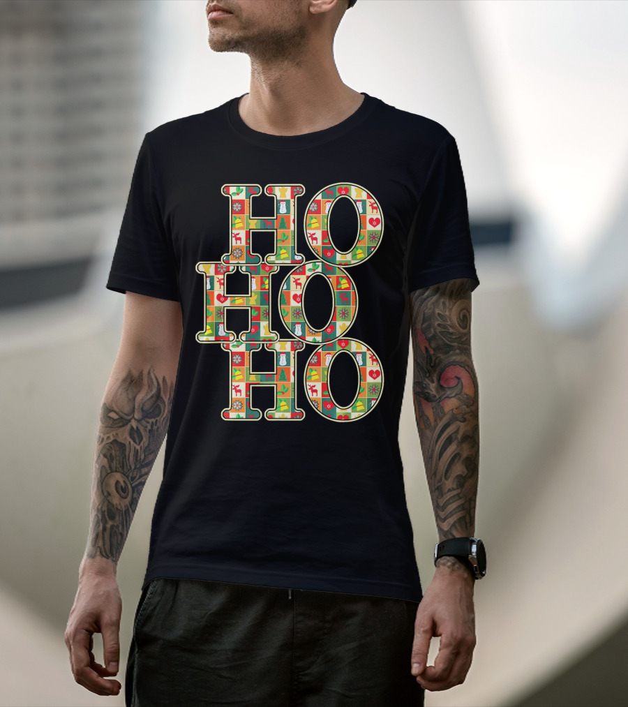 HoHoHo Funny Christmas Santa Patchwork Reindeer Snowman Ornaments T-Shirt
