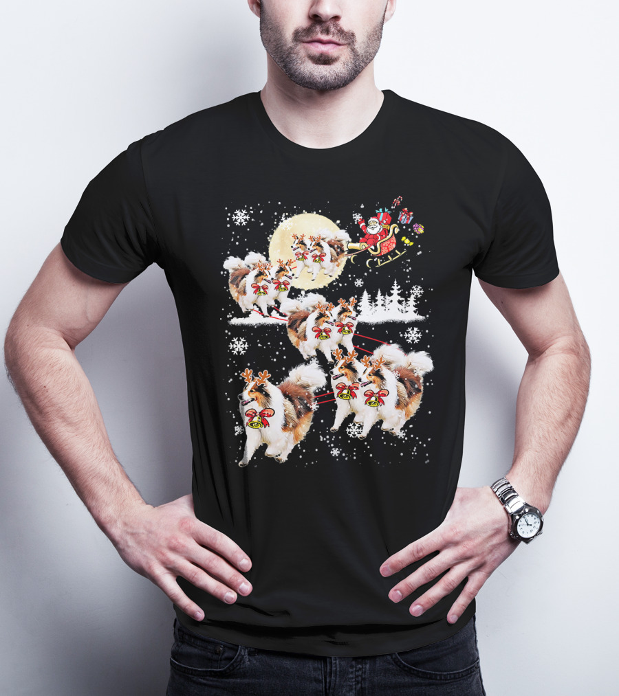 Sheltie Reindeer Christmas Nice Dog Santa Sleigh Moon Snowflakes T-Shirt