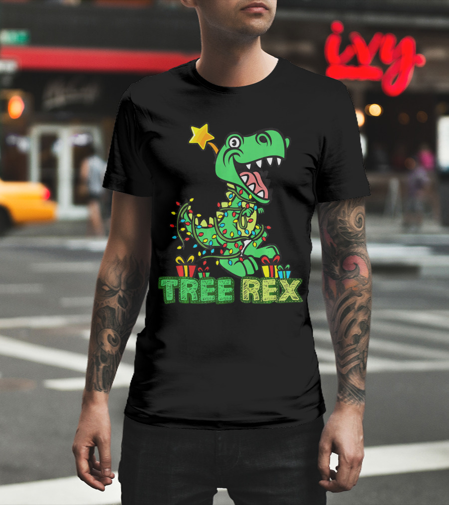 Tree Rex Dinosaur Wrapped In Christmas Lights With Presents And Star T-Shirt