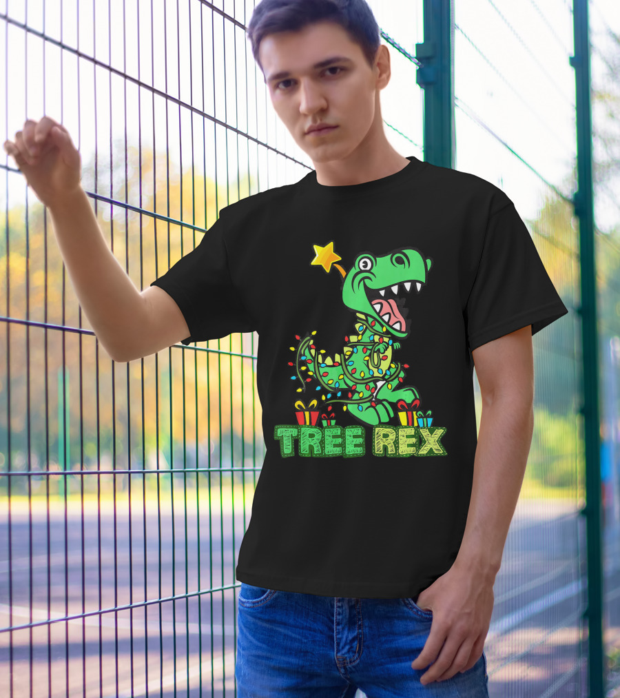Tree Rex Dinosaur Wrapped In Christmas Lights With Presents And Star T-Shirt